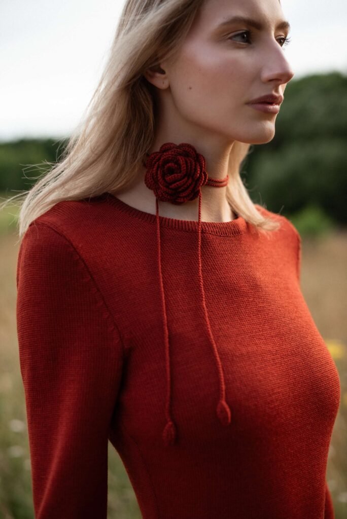 Handcrafted Merino Wool Rose Necklace in Rust - Monala Shop
